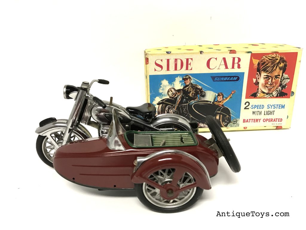 Marusan San Motorcycle with Sidecar Tin Toy Sunbeam *SOLD* – AntiqueToys.com – Antique Toys for Sale