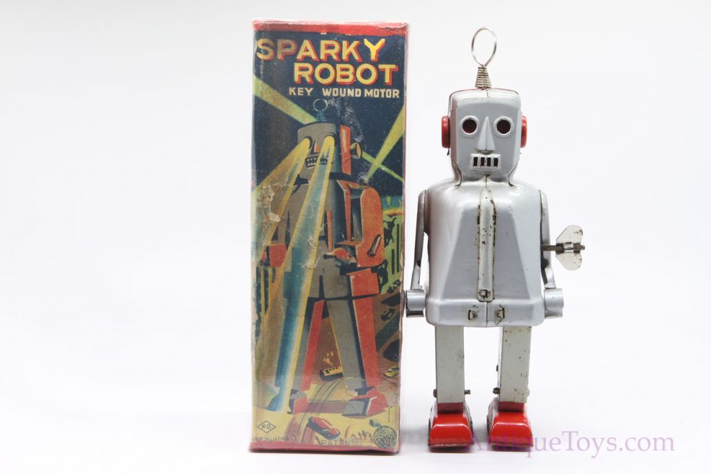 Sparky Tin Robot Toy with Key Wound Motor *SOLD* - AntiqueToys.com - Antique Toys for Sale