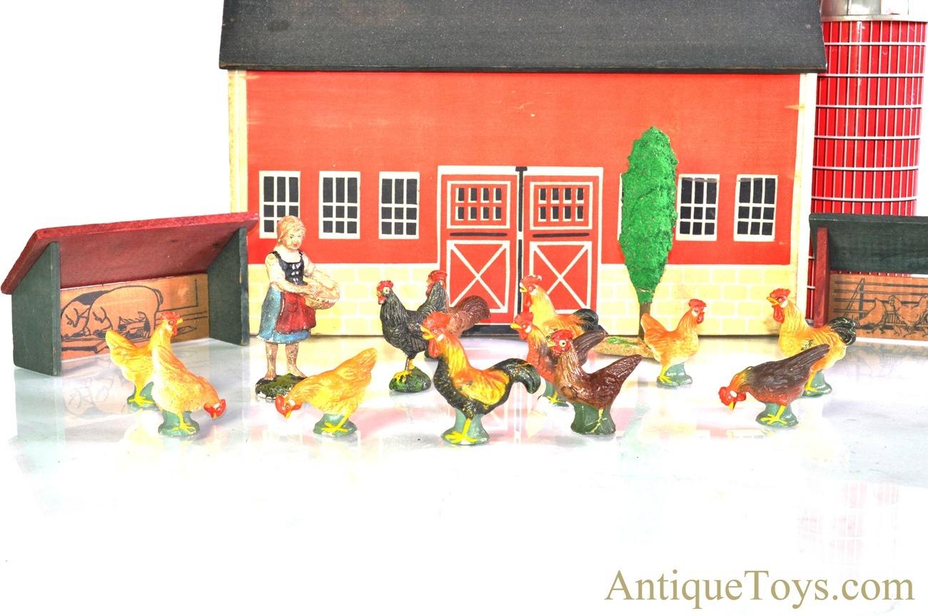 Antique Lineol Elastolin Roosters and Chickens Barnyard Figures Set ...
