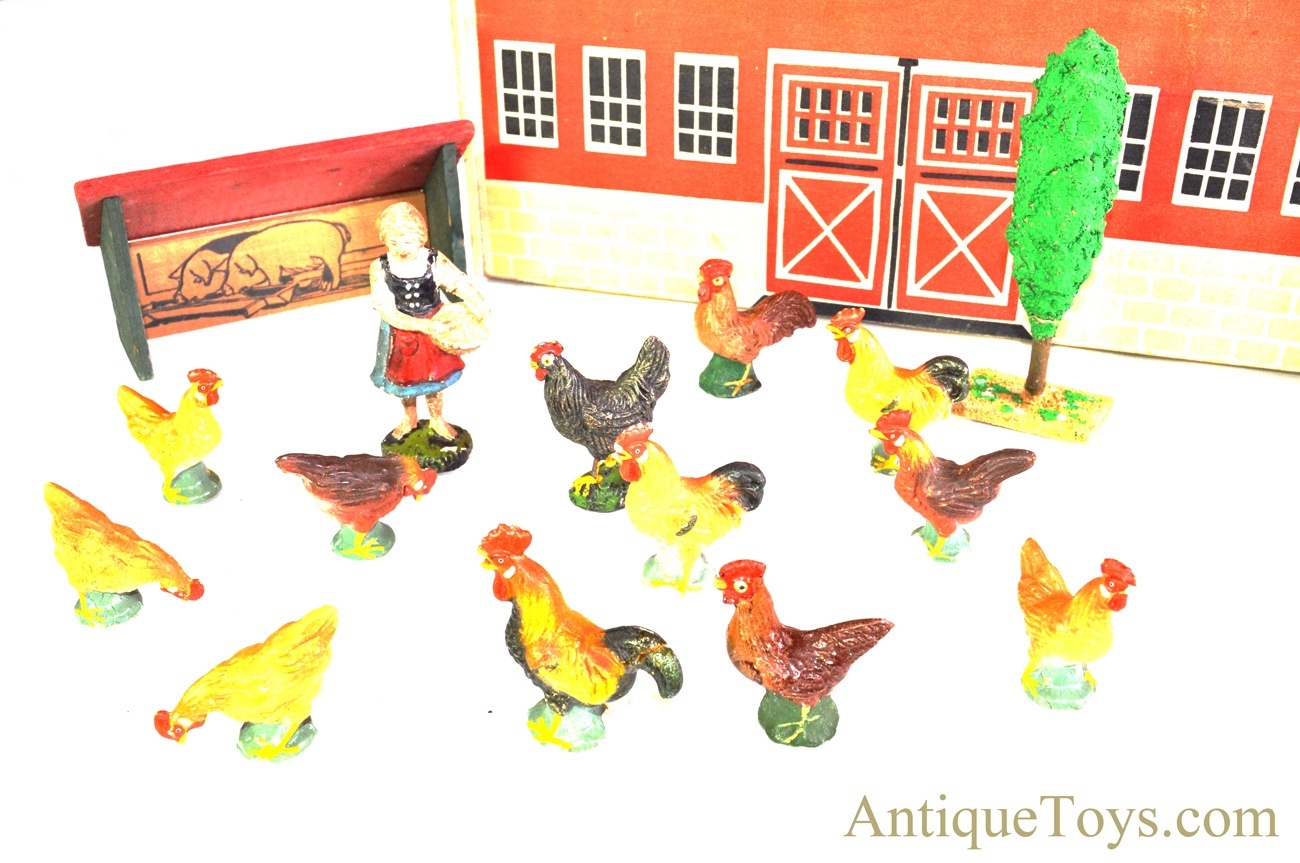 Antique Lineol Elastolin Roosters and Chickens Barnyard Figures Set ...